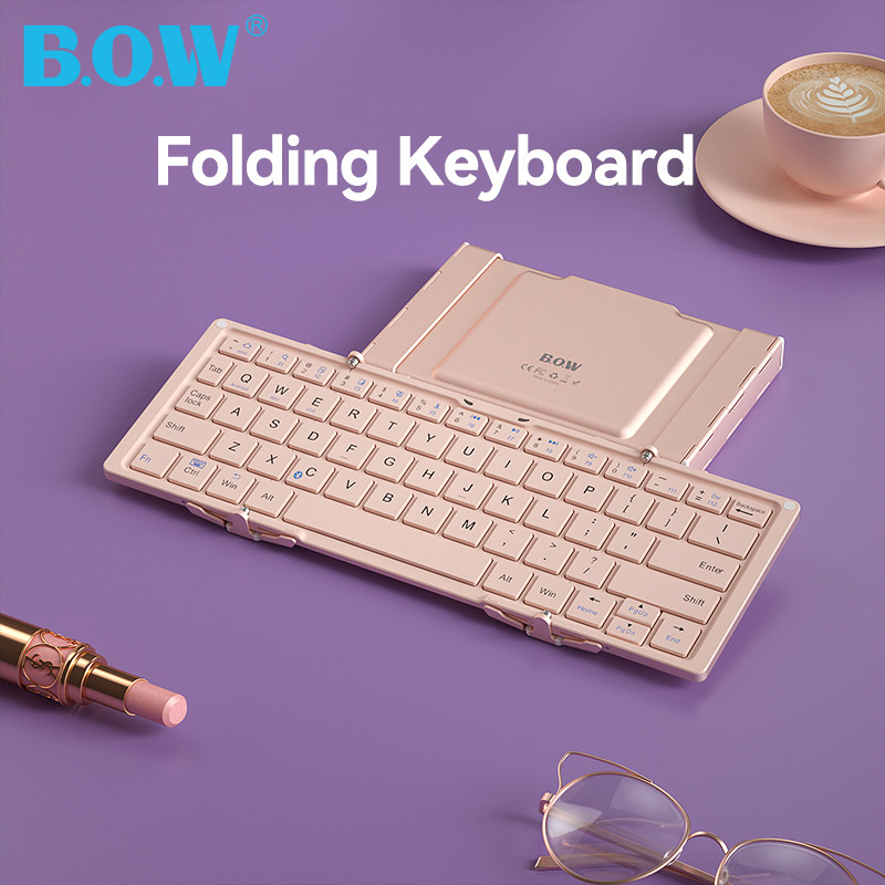 Bow Slim Mini Foldable Bluetooth Keyboard Hb066 Wireless Bt Rechargeable Portable Three Folding