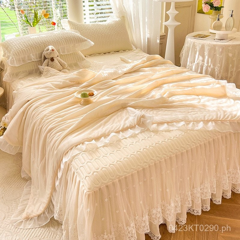 Ice Silk Cooling Mat Four-Piece Set, Machine Washable, Summer Bed Skirt, Princess Style, Home ...