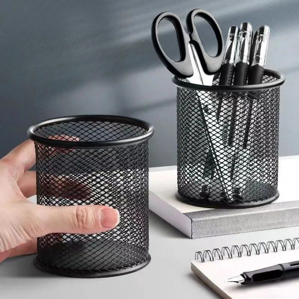 Round/Square Pencil Container Metal Mesh Grid Pen Holder Desk Storage ...