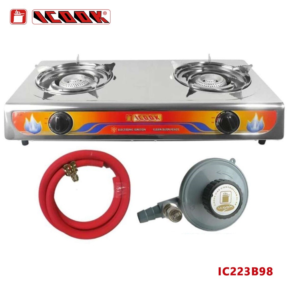 Double Burner Gas Stove Stainless Steel IC223 w/ LPG Hose & LPG ...