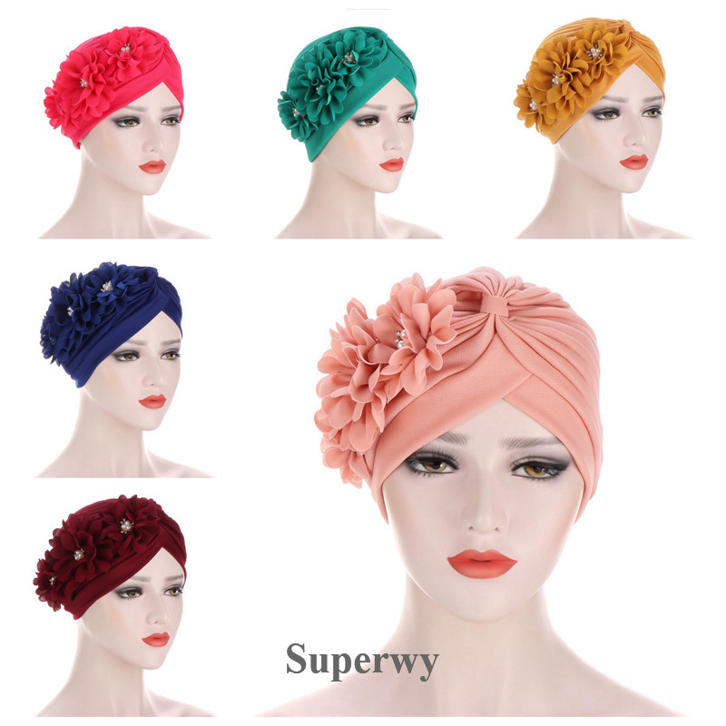 WY Fashion Women Diamonds Flower Turban Cap Soild Color Muslim ...
