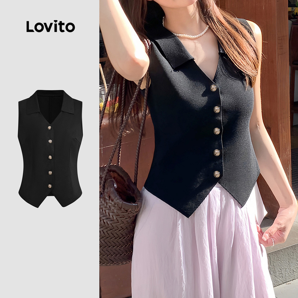 Lovito Women Elegant Plain Button Split Tank Top L132ED441 | Shopee ...