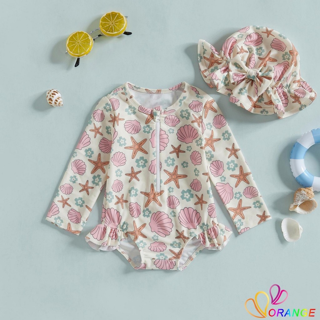ORD7-Toddler Girls Rash Guard Swimsuit with Hat 2 Pcs Set Shell ...