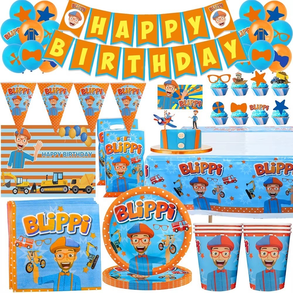 Blippi Birthday Theme Party Tableware Plate Cup Banner Cake Topper Kids ...