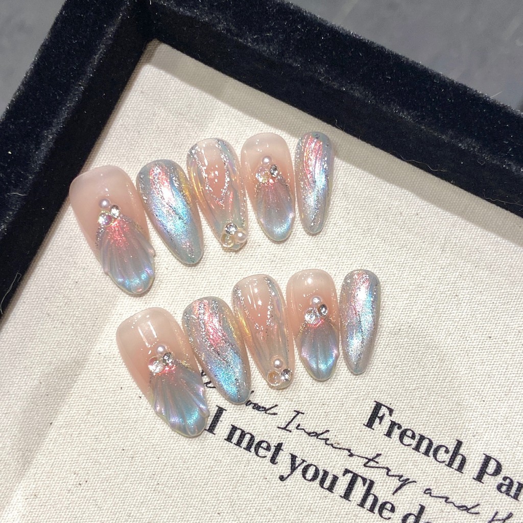 10pcs Handmade Press on Nails Blue Aurora Mermaid Fake Nail False Nail ...