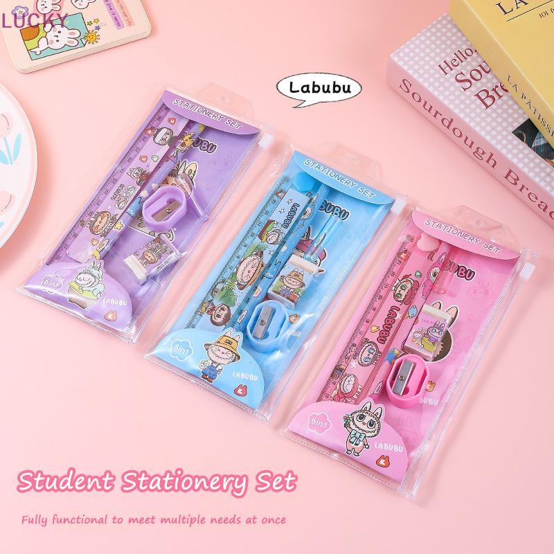 Hot Cartoon Cute Labubu Bagged Stationery Set Pencil Ruler Eraser ...