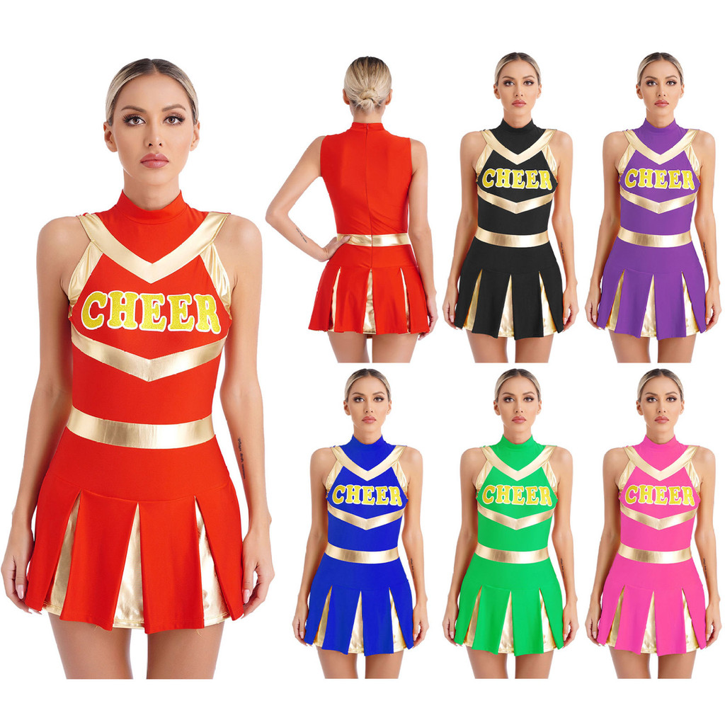 FEESHOW Women Cheerleading Dance Dress Sleeveless Pleated Print Dress ...