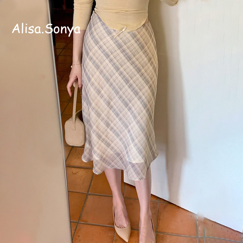 Alisa.Sonya Women Chic French Vintage Plaid High Waist Mermaid Hem Knee ...