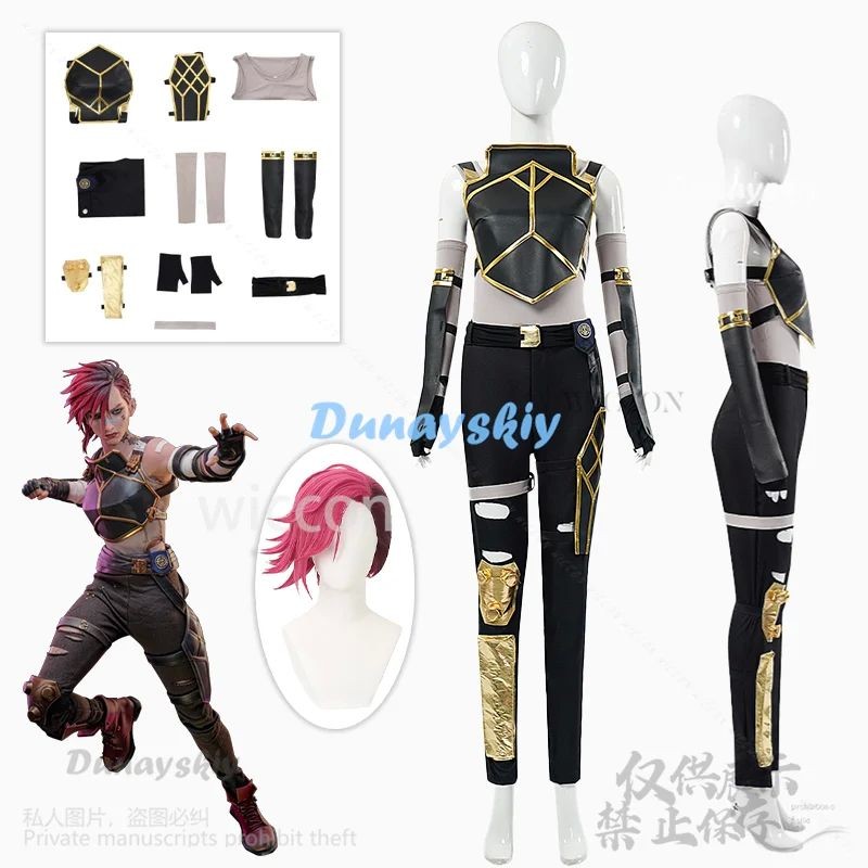 anime Game LOL Arcane 2 Cosplay Vi Costume Black PU Tops Uniform Full ...