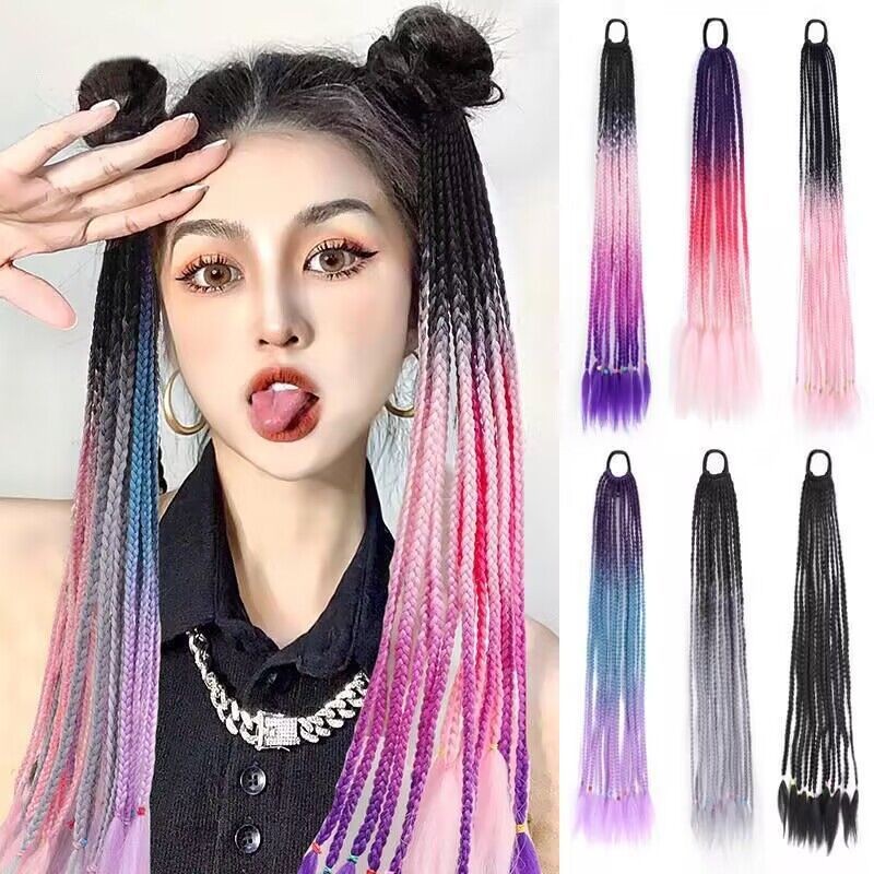 60cm Colorful 12-Strand Braided Ponytail Wig – Ombre Synthetic ...