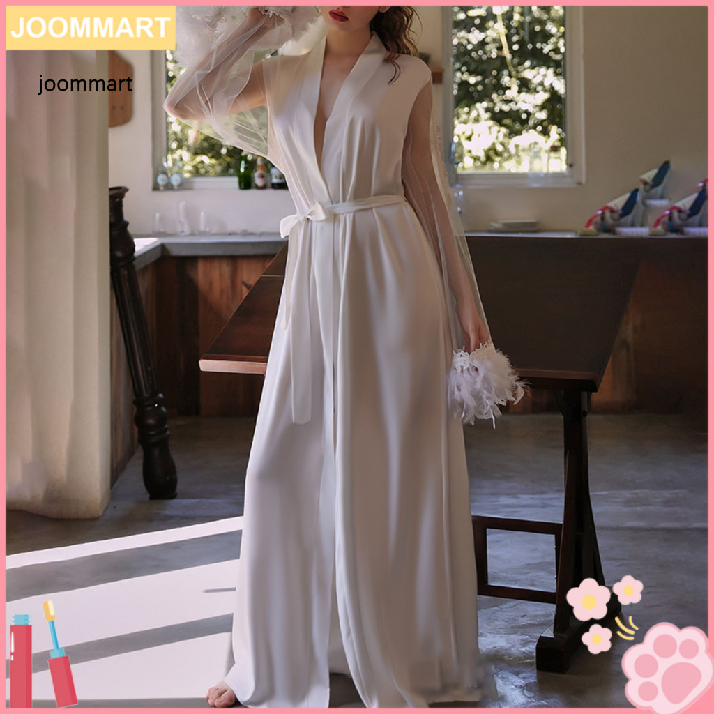 [Jm] Long Bride Robe Soft V Neck Mesh Feather Cuffs Embroidery Night ...