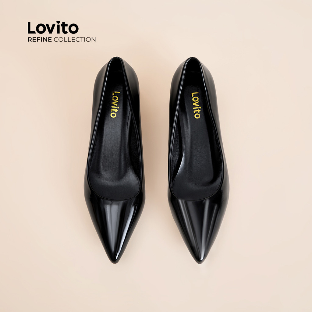 (Elegant) (Refine by Lovito) Women Plain Patent Pointed Toe Block Heel ...