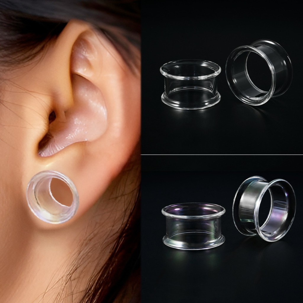 1 Pair Glass Clear&AB Ear Plugs Earrings Hollow Gauges Tunnels Double ...