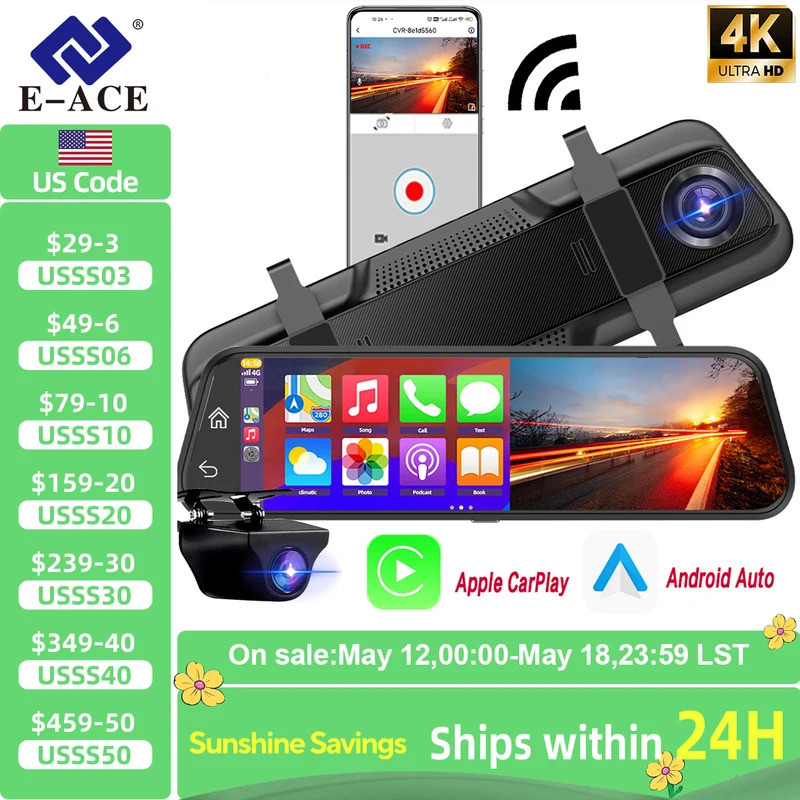 E-ACE 10” 4K Car Dvr Mirror Wireless Carplay & Android Auto Dashcam ...