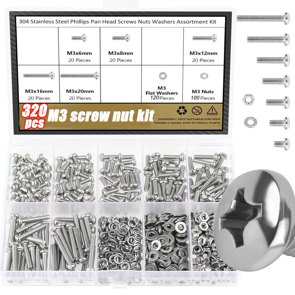 320pcs/box Stainless Steel M3 Screw Bolt Nuts Set / Round Flat Cap Head ...