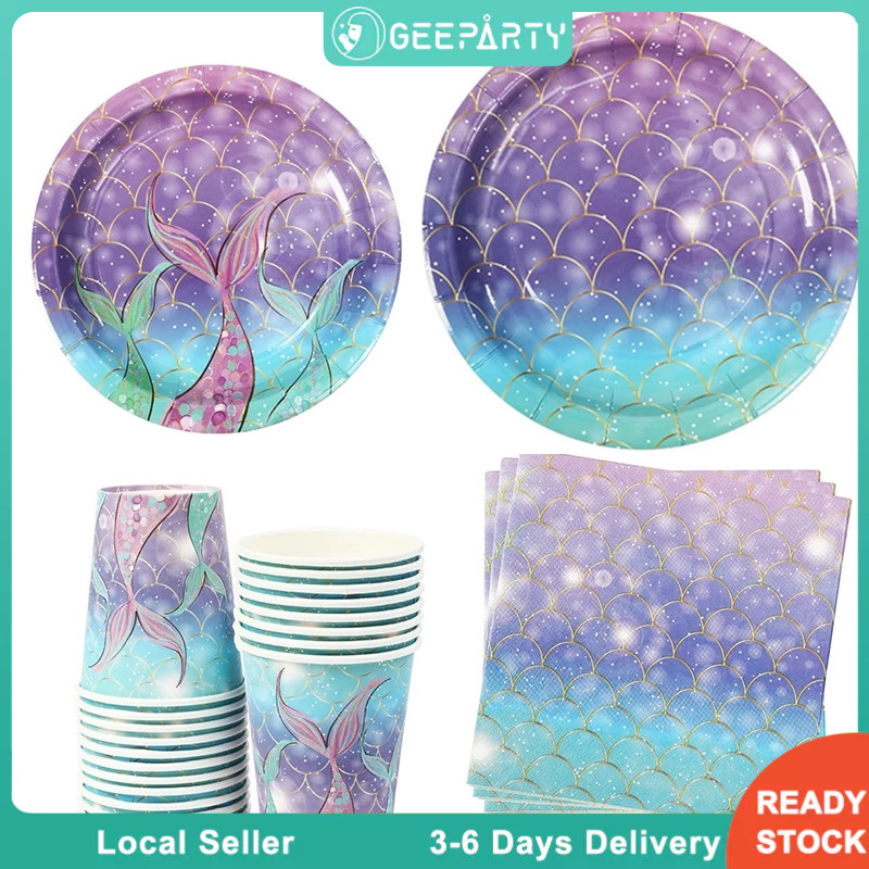 GeeParty Purple Mermaid Tail Tableware Set Dinnerware Plate Cup Candy ...