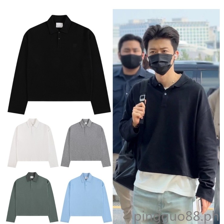 New Cotton Same Color Truncated Loose Polo Long Sleeve Shirt | Shopee ...
