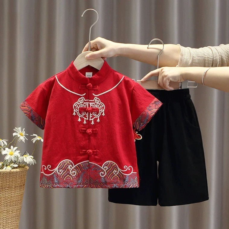 CNY Kids Red Tangsuit Boys Girls Short Sleeve Retro Hanfu Set Chinese ...