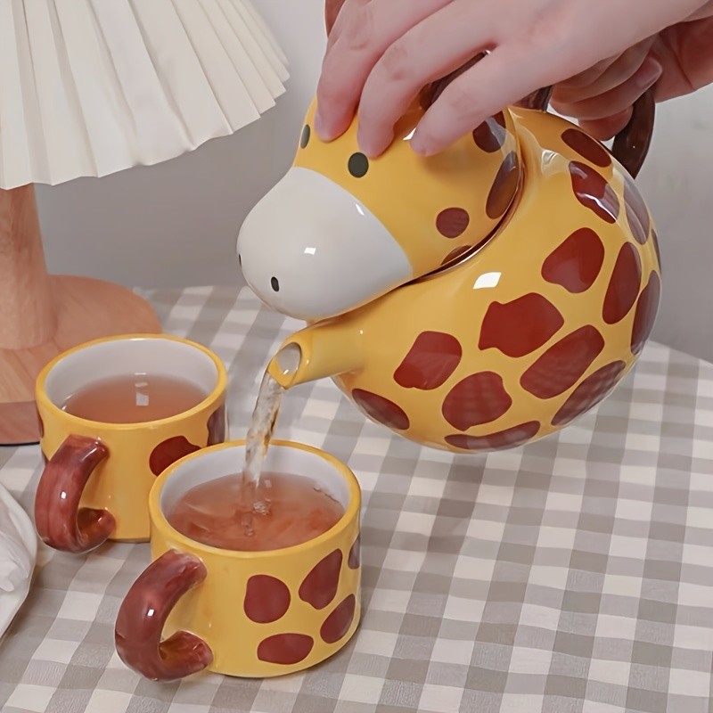 Giraffe Ceramic Tea Pot With 2 Tea Cups Set, Hand-painted Porcelain ...