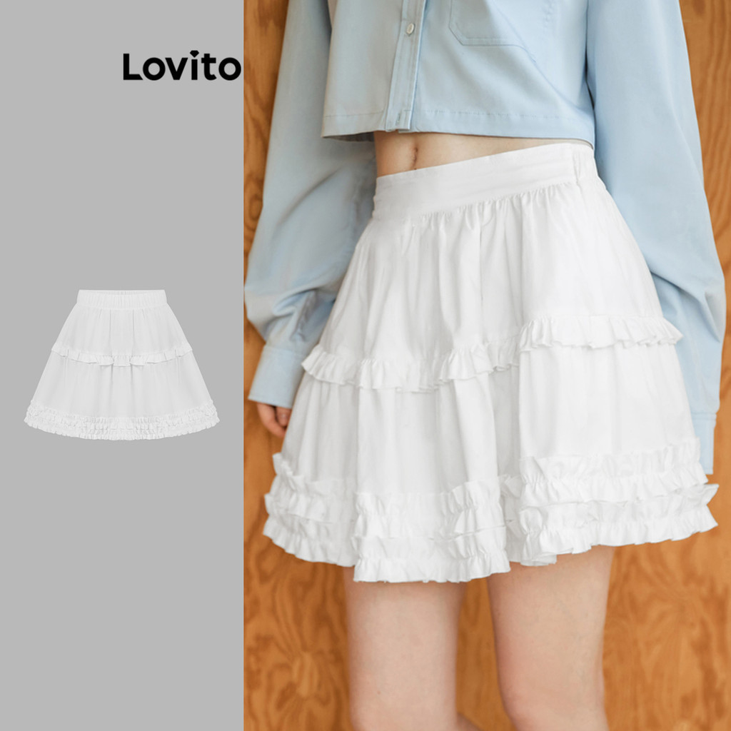 Lovito Women Cute Plain Tiered Layer Cascading Ruffle Skirt L122AD082 ...