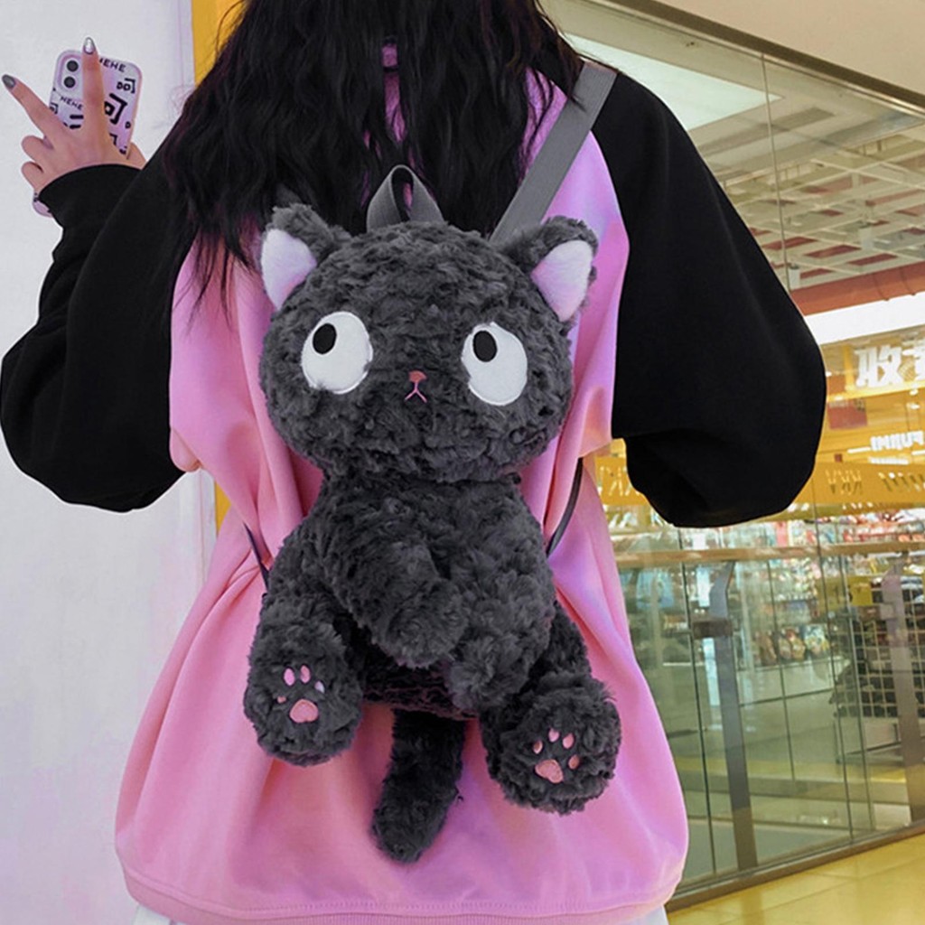 Black Cat Plush Backpack Soft Plush Shoulder Bag Stuffed Realistic Cat ...