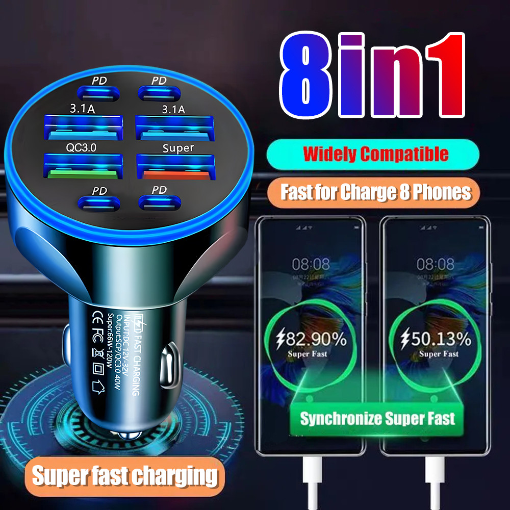 8-in-1 66W Car Charger - 4USB+4PD Multi Port Charging Station - QC3.0 ...