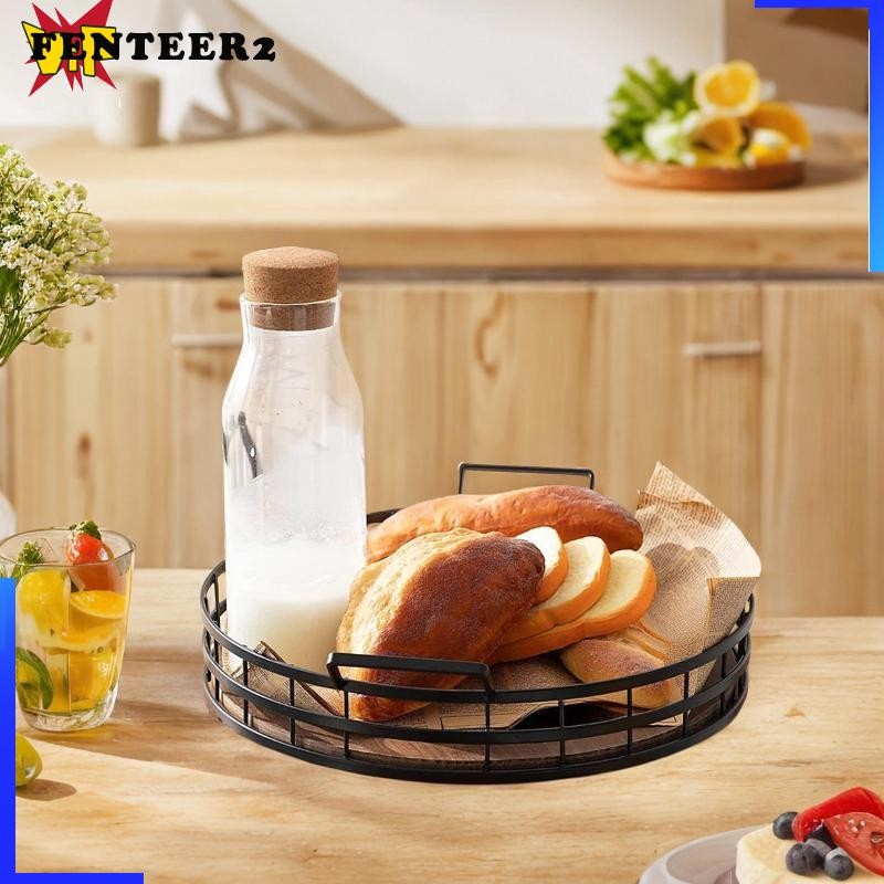 [Fenteer2] Wood Round Tray Serving Tray with Double Handles Condiments ...