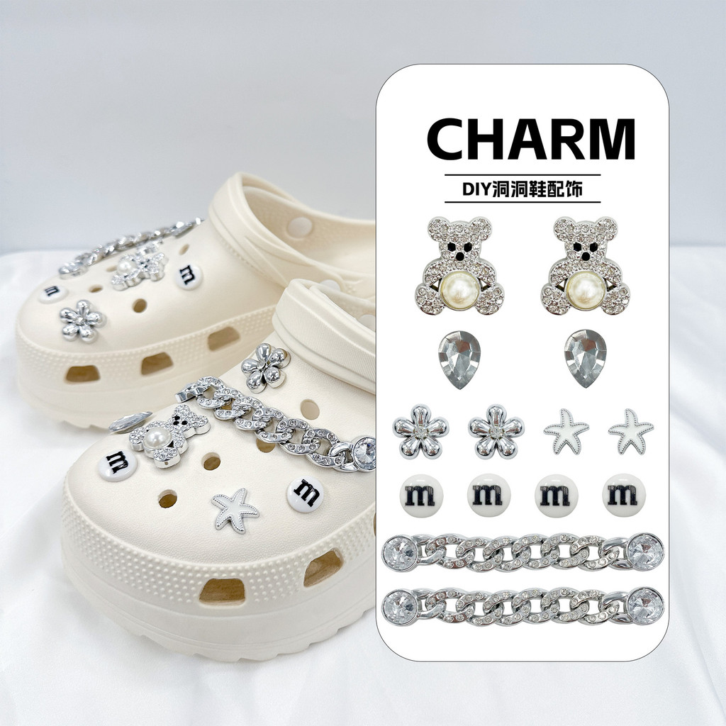 Silver Double Chain Pearl Bear Set Shoe Decoration Croc Charm Pin for ...
