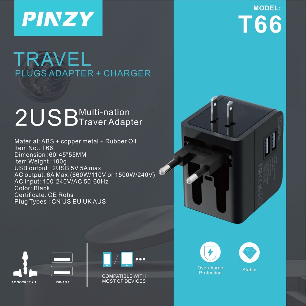 Pinzy T66 Universal International Adapter 2 USB 5A - PINZY Multi Nation ...