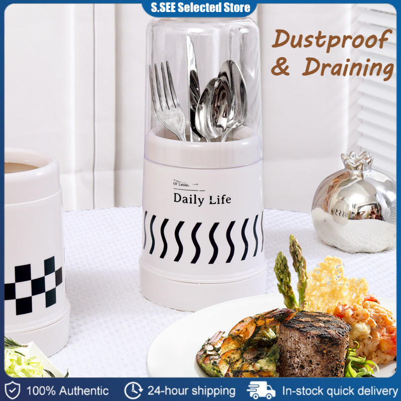 Simple Style Fork and Spoon Organizer with Cover Chopsticks Draining ...