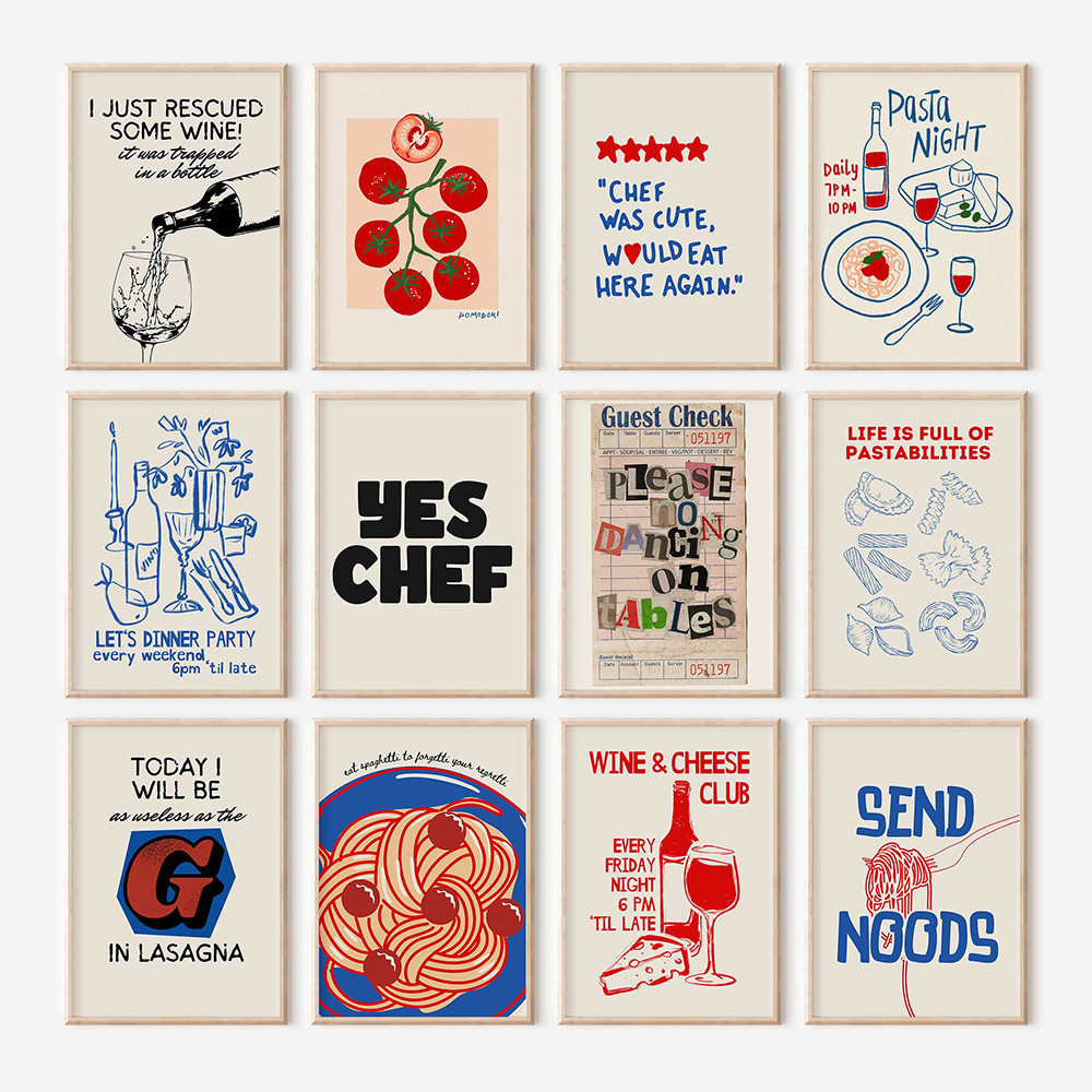 Trendy Retro Wall Set Print Aesthetic Bar Cart Art Poster Red Preppy ...