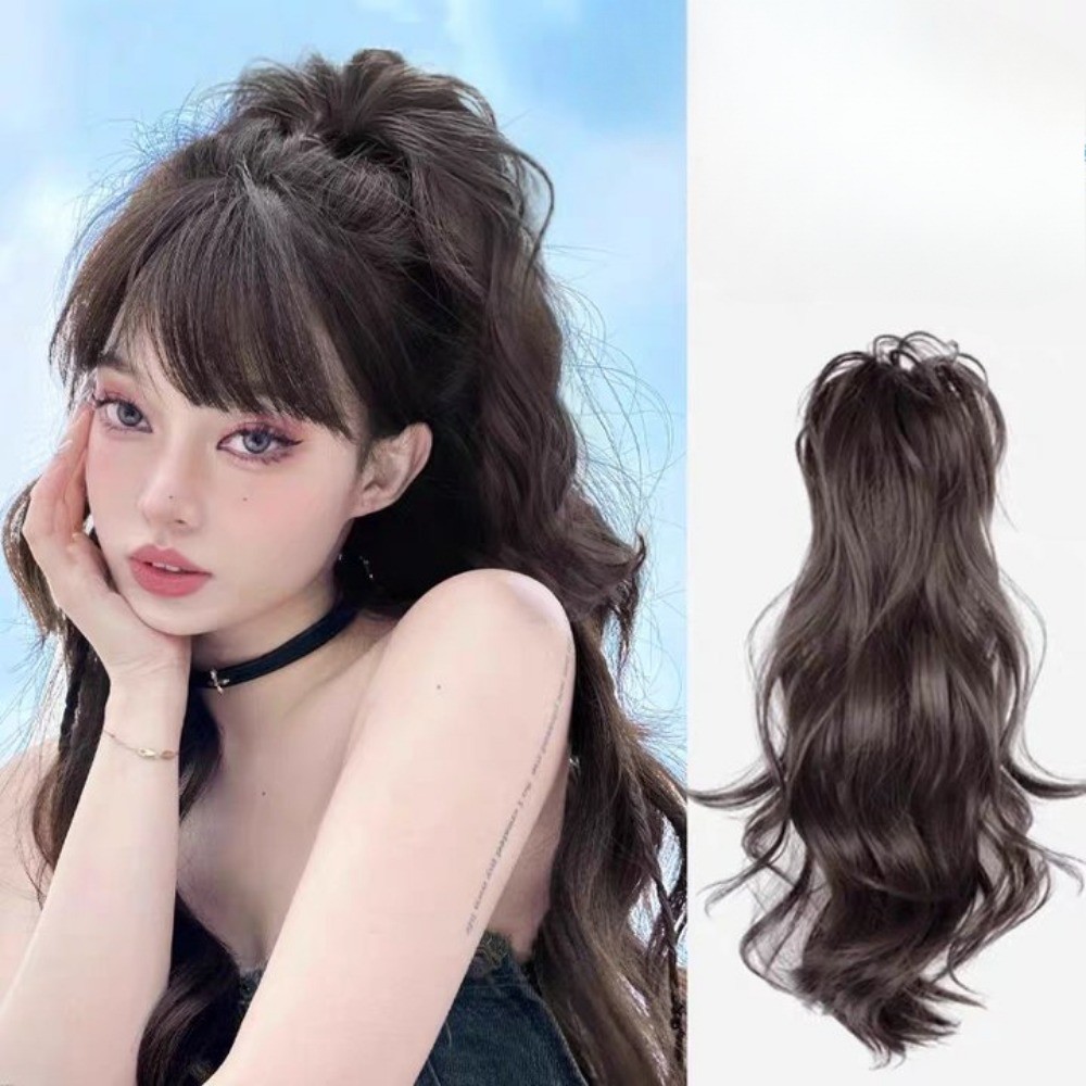 Y2K Girls Fluffy Wavy High Ponytail Clip-on Wig Curly Half Tied One ...
