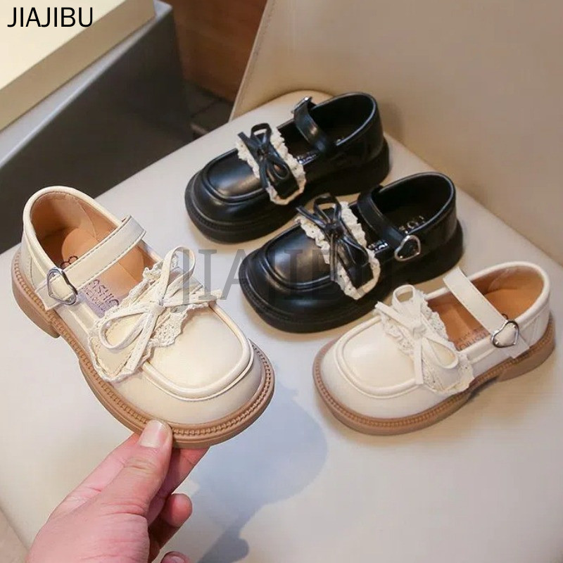 Fashion Kids Black School Shoes Cute Girls Beige Bow Princess Shoes ...