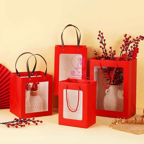 red paper bag New Year's Red Gift Bag, Transparent Window, Tote Bag, Valentine's Day, Teacher's ...