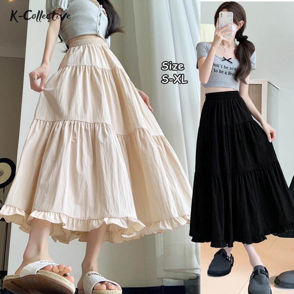 Large Hem Ruffled Cake Skirt for Women High Waist A-Line Long Skirt ...