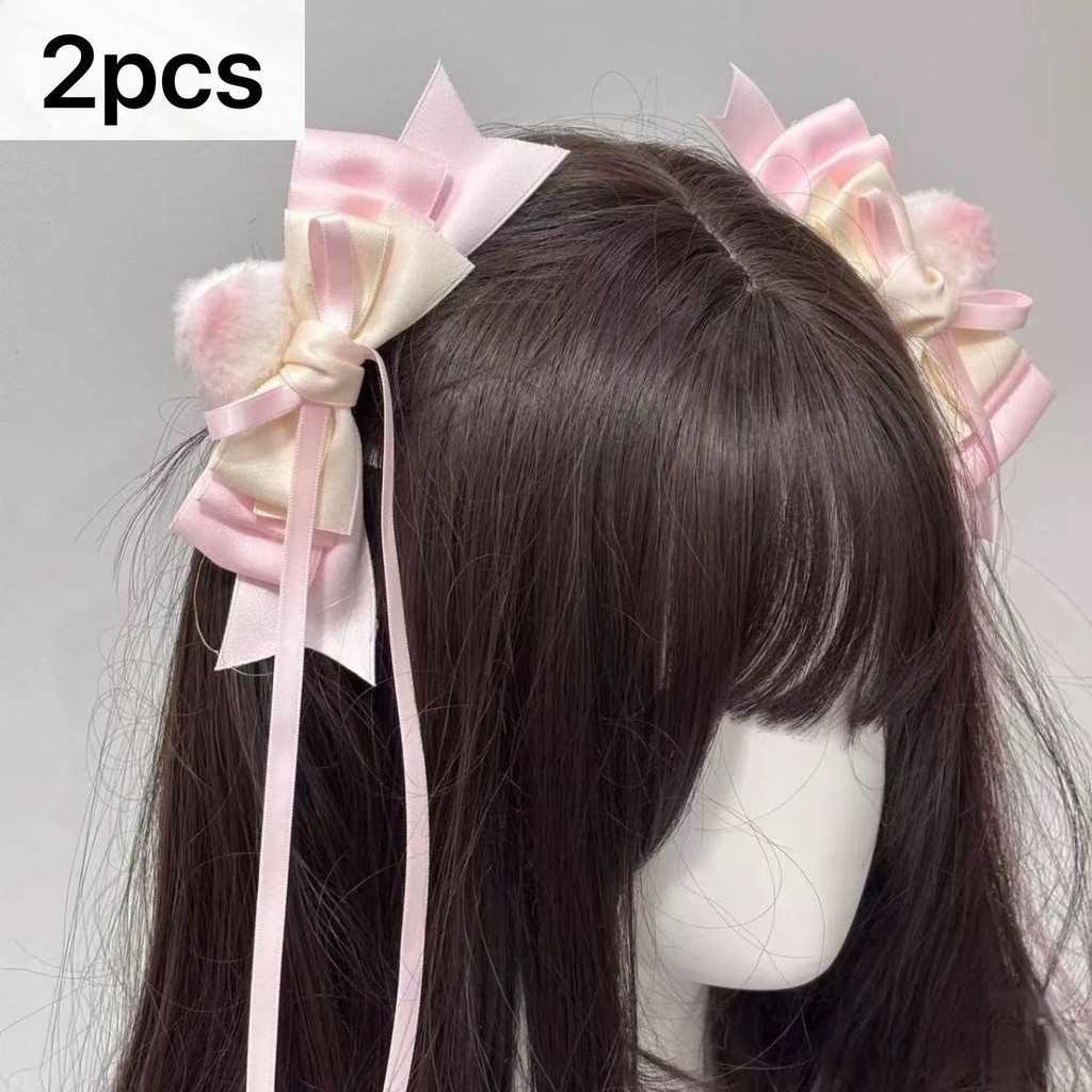 Sweet Cute Bow Cat Ear Hair Clip Exquisite Pink Laced-Up Side Clip ...