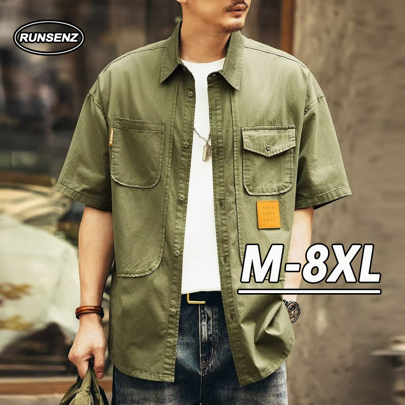 M-8XL American Vintage Cotton Cargo Shirt Men High-end Casual Loose Plus Size Short Sleeve Shirt ...