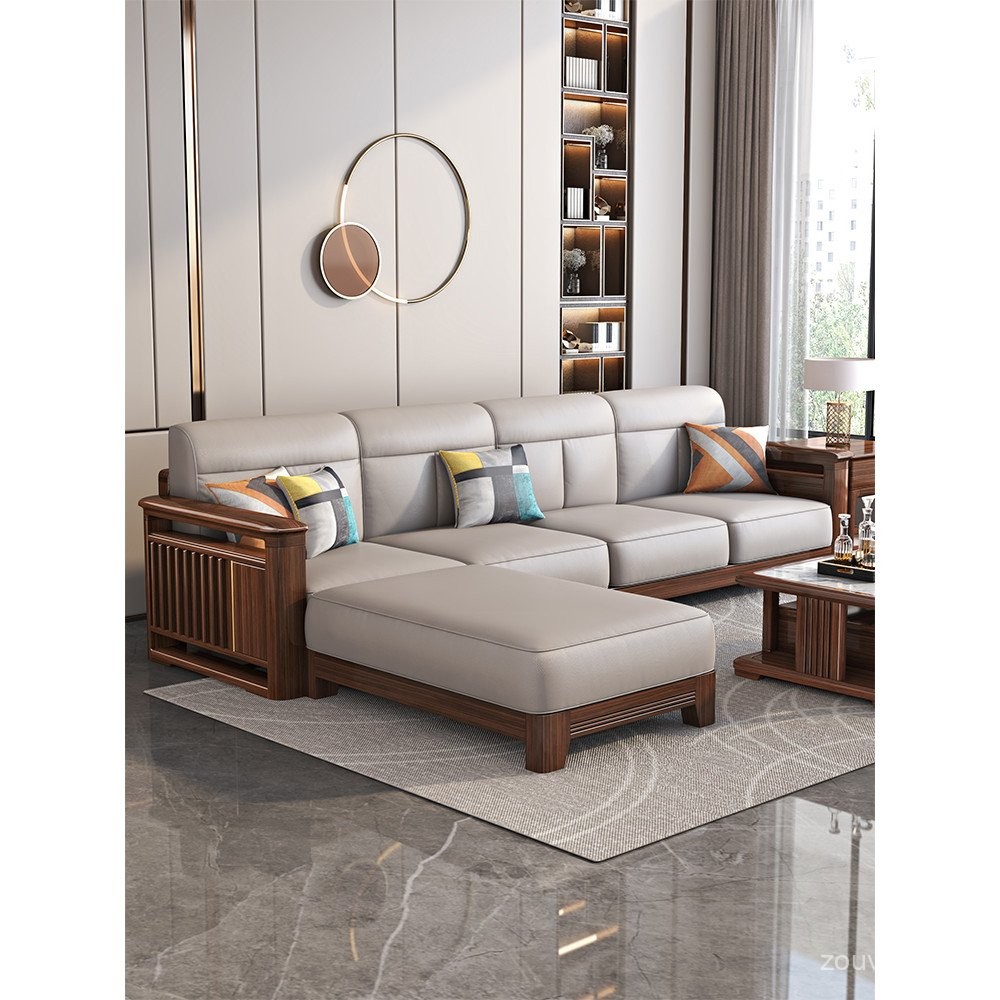New Chinese Style Walnut Wood Sofa Living Room Chaise Lounge Large and ...