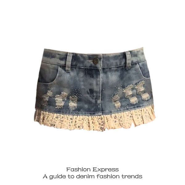 Y2K millennial babes lace spliced denim ultra shorts women's retro wash ...