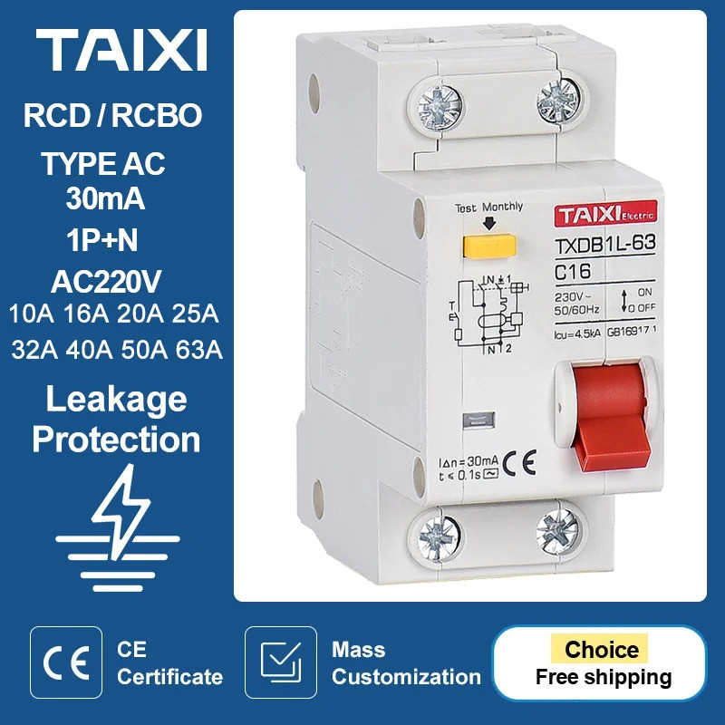TAIXI ELCB RCBO MCB 16A 20A 32A 40A 63A 30mA 220V/110V Residual Current ...