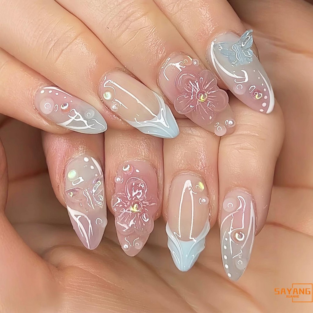 Blue Tip False Nails with Butterfly Decor Chip-Proof Smudge-Proof Fake ...