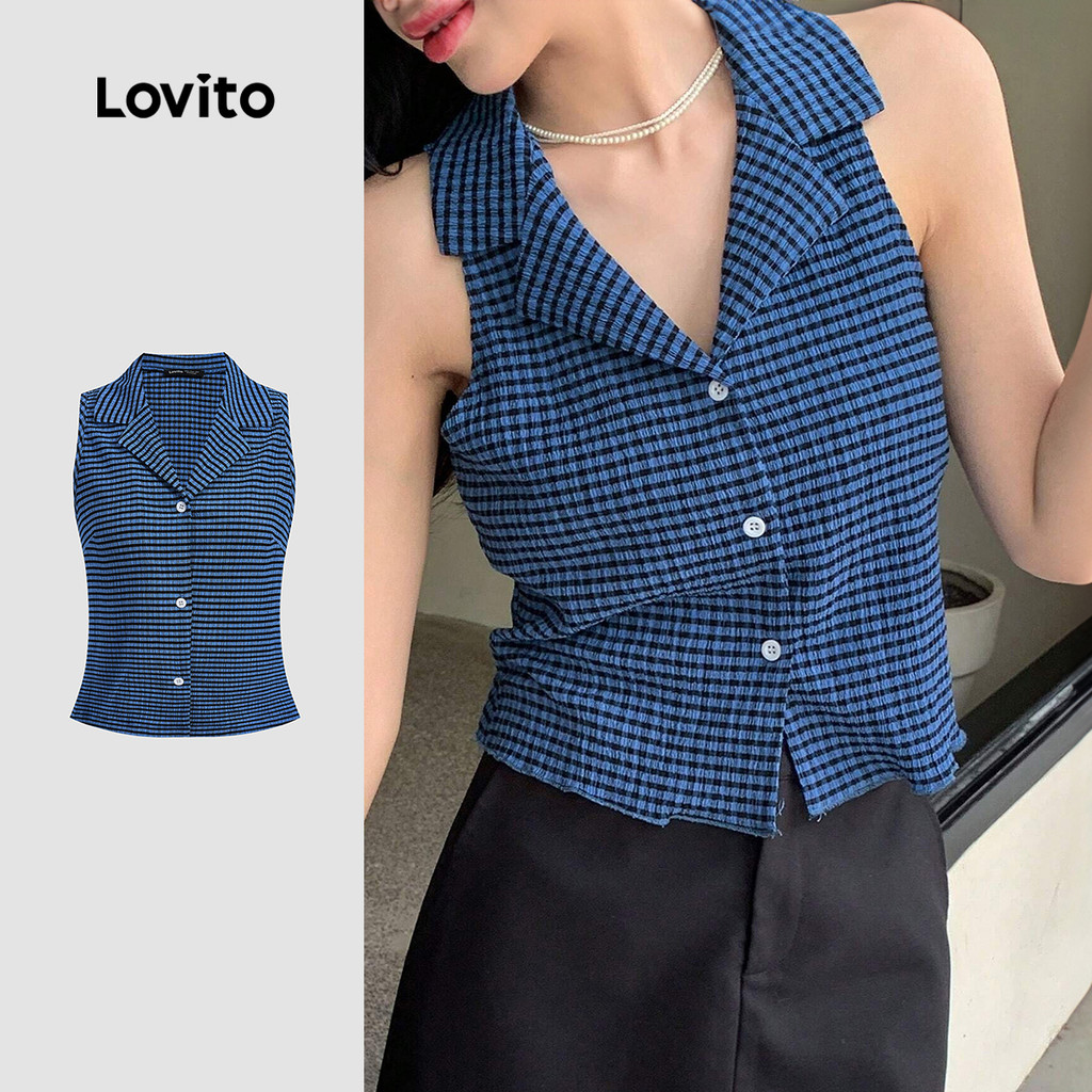 Lovito Women Elegant Gingham Jacquard Button Tank Top L131LD1269 ...