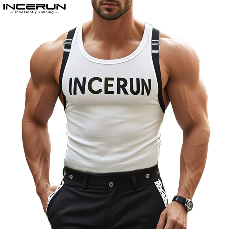 INCERUN men's printed English metal buckle nylon strap contrasting vest ...