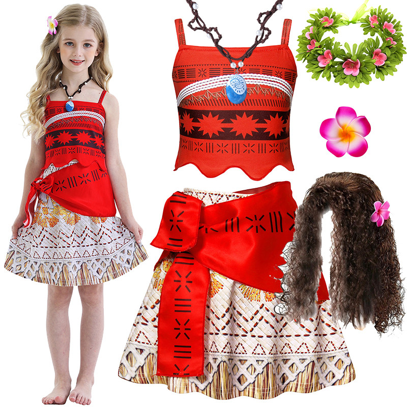 Moana New Dress Girls Princess Clothes Kids Dress Up Vaiana Necklace ...