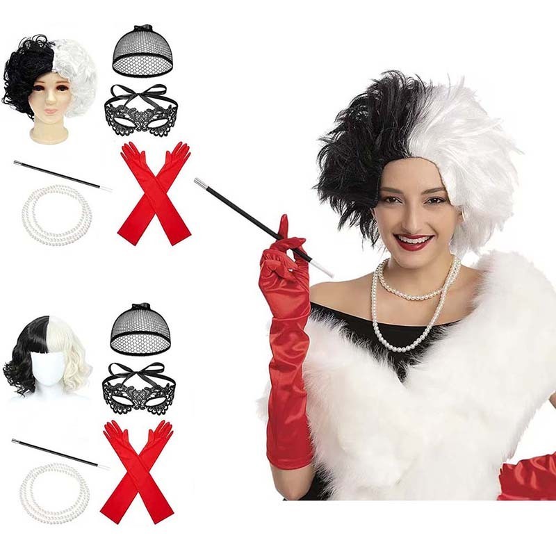 6 Pieces Black and White Wigs Cosplay Costume Set Halloween Party 1920s ...