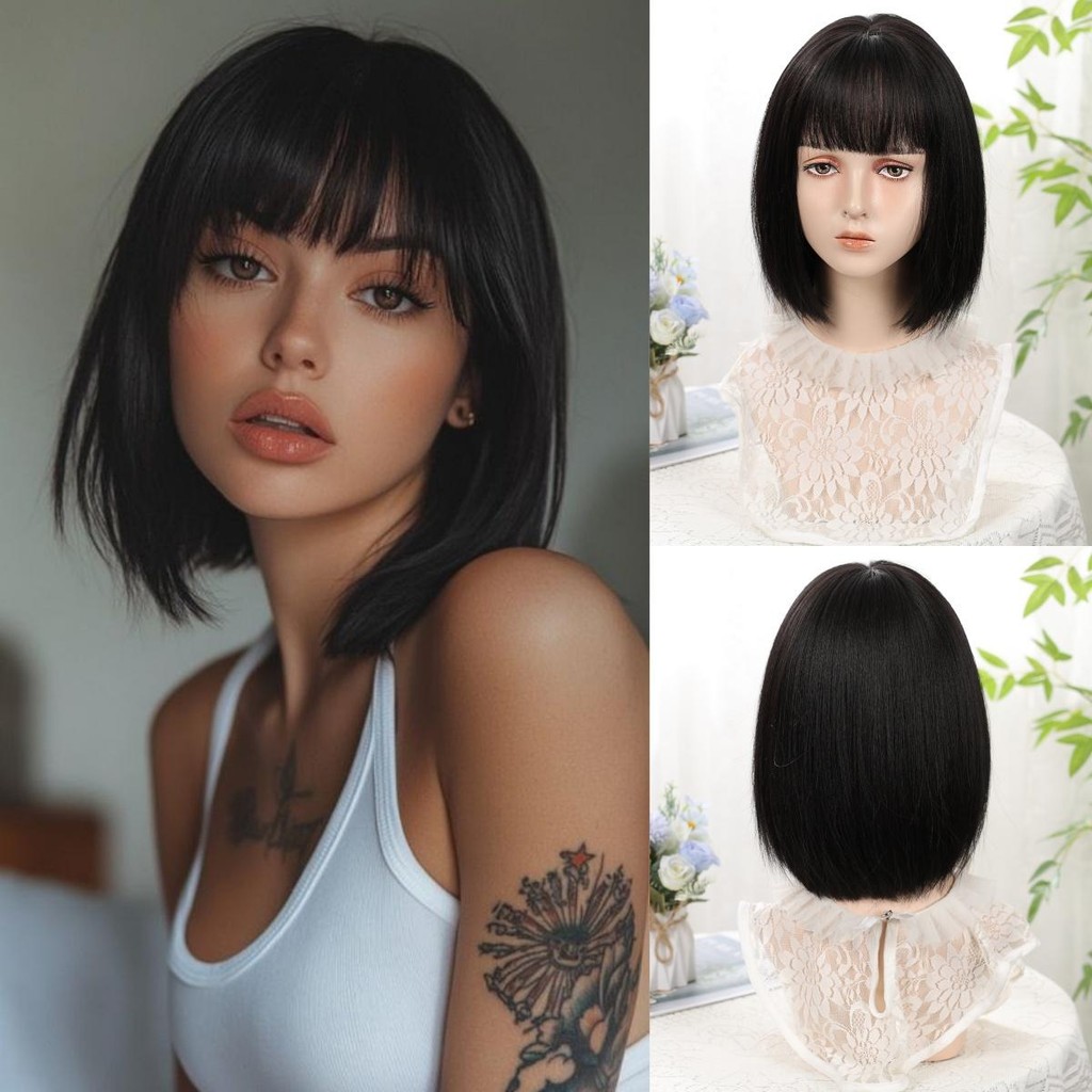 Black Natural Bob Synthetic Wig with Bangs Short Straight Wigs for ...