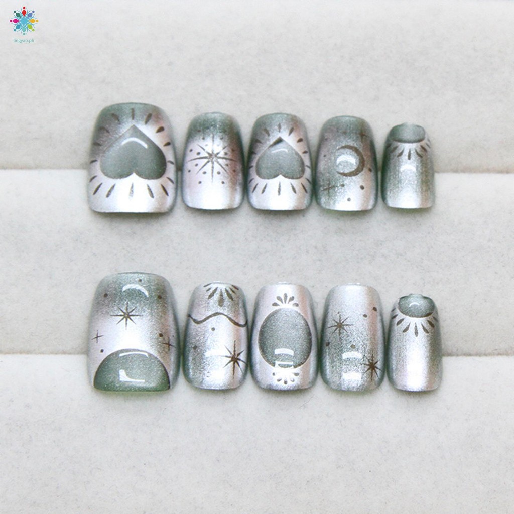 Silver Fake Nails with Flash Cat Eyes Decor Charming Comfortable to ...