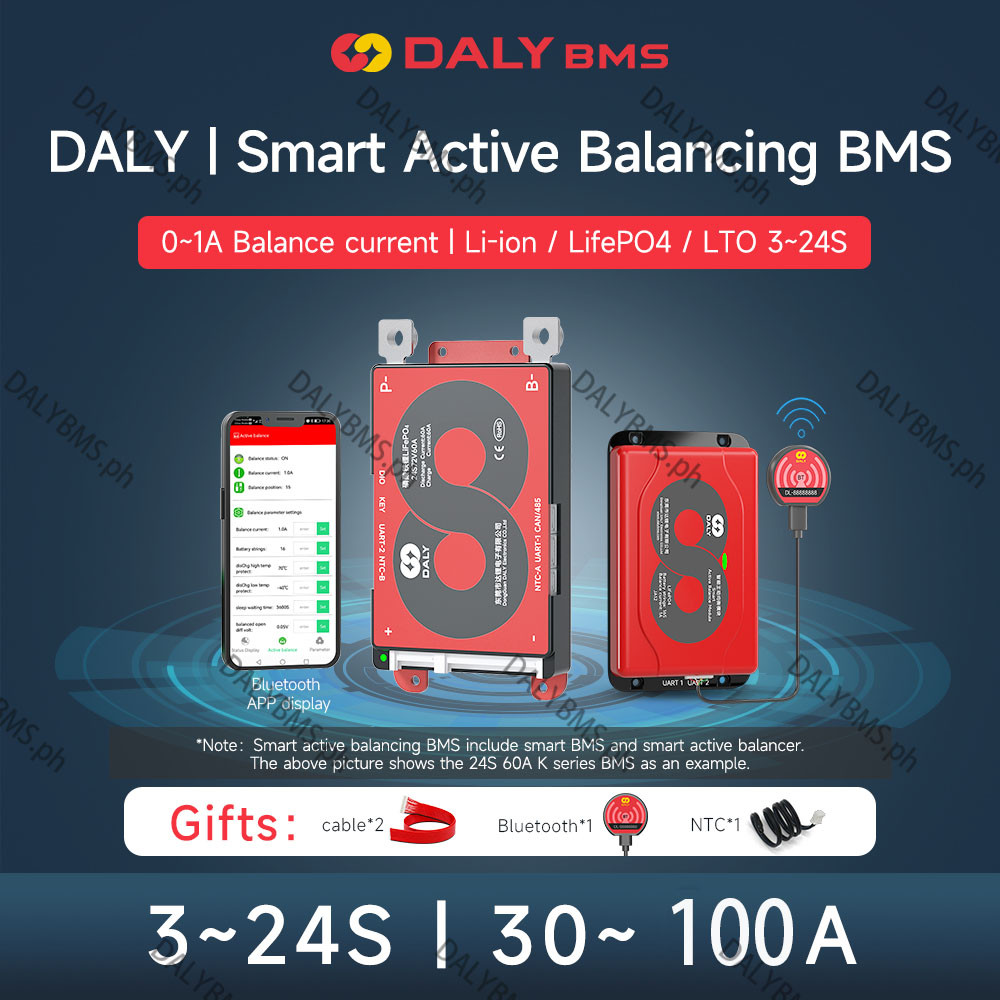 DALY Smart BMS+Smart active balancer Lifepo Li-ion battery 3S 4S 7S 8S 12S 12V 24V 36V 48V 40A ...
