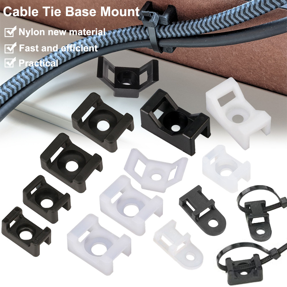Saddle cable ties, bases, mounting brackets, wire fixing clips, screw holes, mounting ...