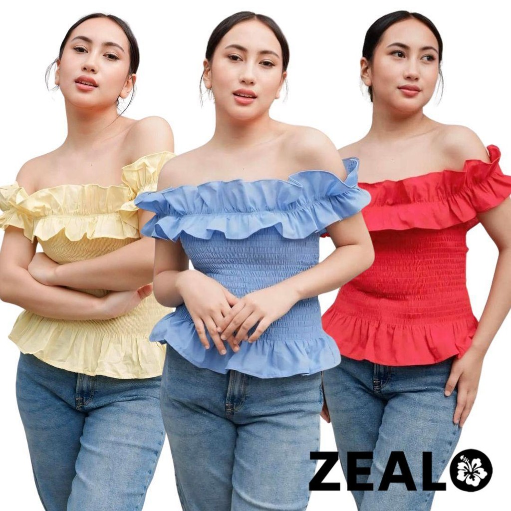 ZEALO Dani Ruffle Off Shoulder Smocked Peplum Top Linen | Shopee Philippines